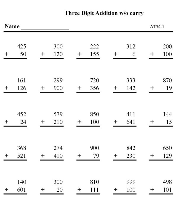 BlueBonkers Free Printable Math Addition Sheets Triple Digit Addition P1