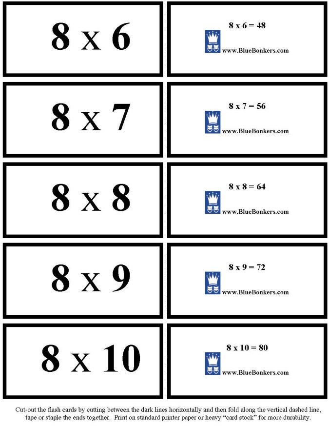BlueBonkers Free Printable Multiplication Flash Cards EIGHTS 6 10 P2