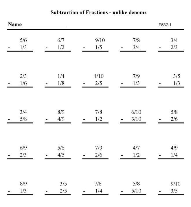 Bluebonkers Subtraction Fractions FA32 1 Free Printable Math